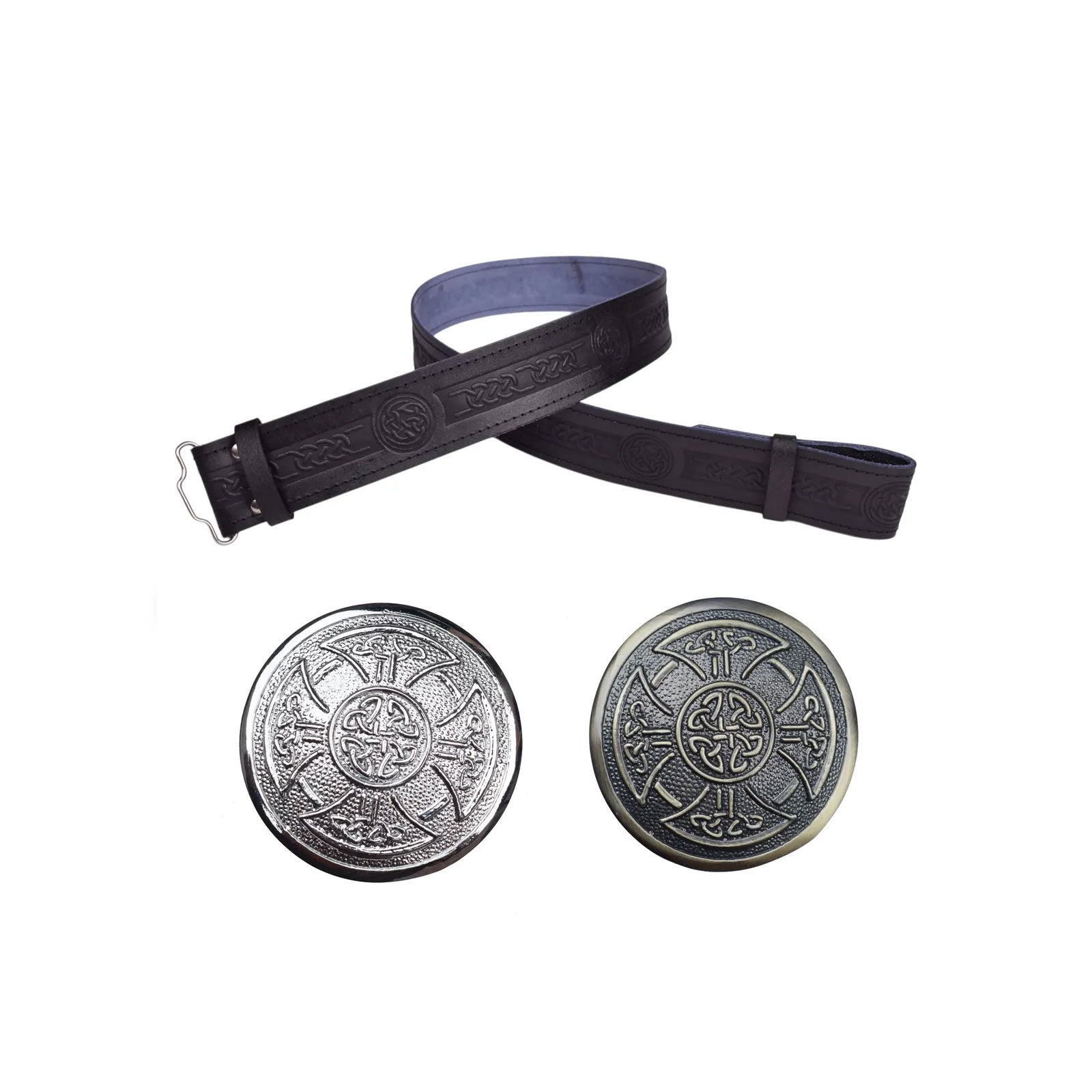 Men's Scottish Black Embossed Leather Kilt Belt and Buckle Adjustable ...